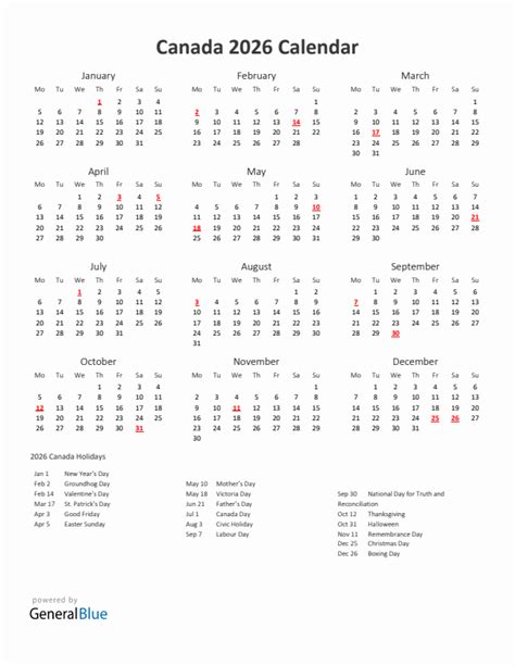 2026 Canada Calendar With Holidays Monday Start