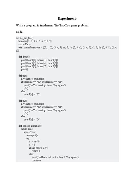 Experiment Write A Program To Implement Tic Tac Toe Game Problem Code