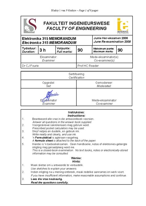 2008 A3 Memorandum Practise Exam Question FAKULTEIT INGENIEURSWESE