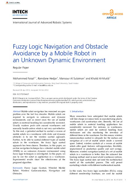 pdf fuzzy logic navigation and obstacle avoidance by a mobile robot