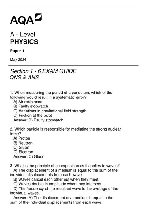 AQA A LEVEL PHYSICS PAPER SECTION EXAM GUIDE QNS ANS MAY AQA AS A LEVELS