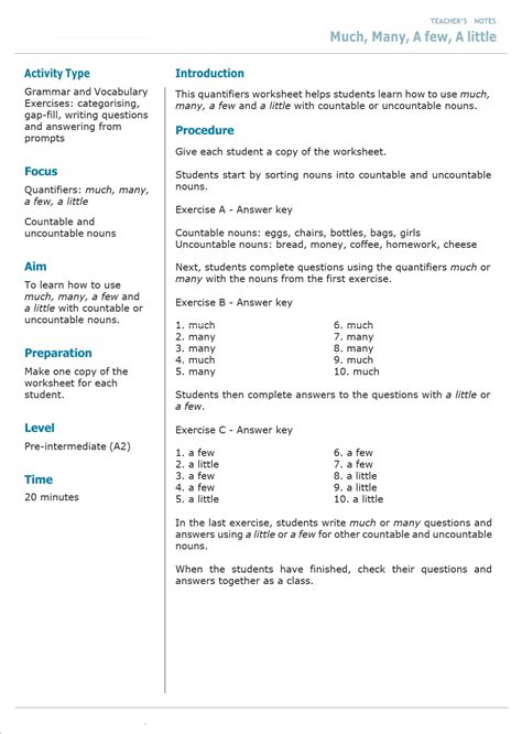 Quantifiers Worksheet Teacher S Notes Cc