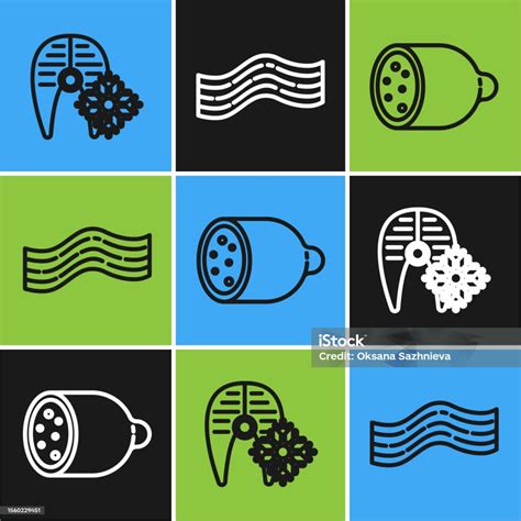 세트 라인 신선한 냉동 생선 스테이크 살라미 소시지 소시지 베이컨 줄무늬 아이콘 벡터 가공육에 대한 스톡 벡터 아트 및 기타