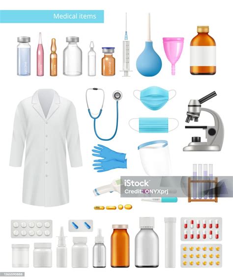 의료 용품 의사 의류 앰플 주사기 드레싱 가운 현미경 비타민 병 의약품 괜찮은 벡터 현실적인 세트 액세서리 실험실에 대한 스톡 벡터 아트 및 기타 이미지 Istock