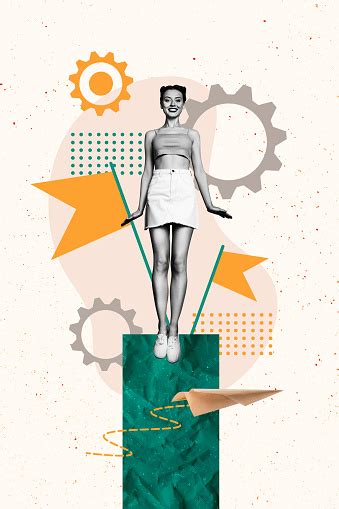 복합 트렌드 아트 워크 3d 스케치 사진 콜라주 미니어처 젊은 아가씨 목표 달성 높은 스탠드 마무리 플래그 톱니 바퀴 작업 성공