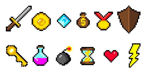픽셀 게임 아이콘 세트입니다 8비트 스타일의 게임 픽셀 요소 사과 동전 크리스탈 검 방패 물약 심장 레트로 비디오 게임용 아이템 벡터 1980 1989 년에 대한 스톡 벡터