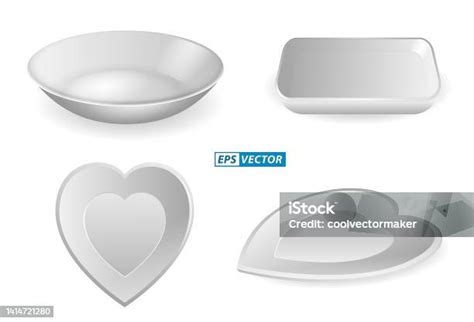 현실적인 빈 세라믹 플레이트 또는 그릇 저녁 식사 접시 기구 또는 아침 식사 및 식사를위한 빈 접시 흰색 식사 세트 Eps 벡터 과일 바구니에 대한 스톡 벡터 아트 및 기타