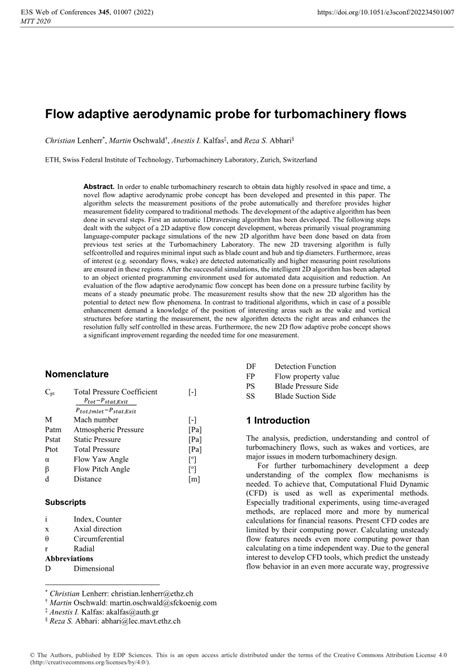 Pdf Flow Adaptive Aerodynamic Probe For Turbomachinery Flows