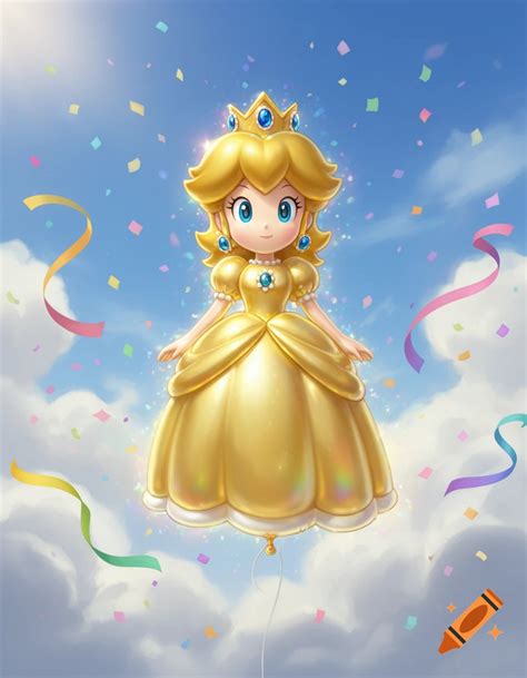 A Shiny Golden Princess Peach Balloon Floats In A Bright Blue Sky