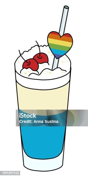 달콤한 크림 같은 긴 파란색 칵테일과 무지개 Lgbt 평등 깃발 색상 하트 게이 바 다양성 프라이드 파티 초대장 카드 또는