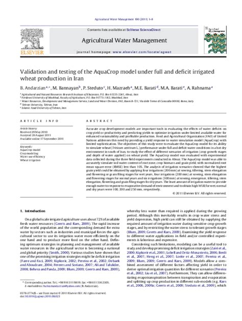 Pdf Validation And Testing Of The Aquacrop Model Under Full And Deficit Irrigated Wheat