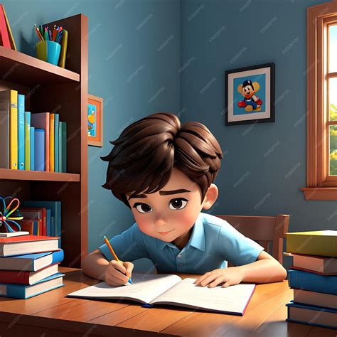 Premium Photo 3d Rendering Of Cartoon Like Boy Doing Homework