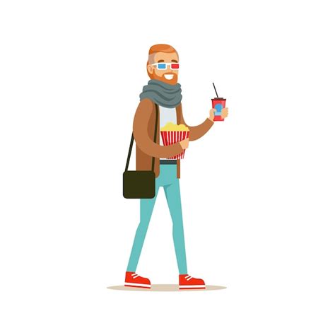 영화관 시리즈에서 팝콘 음료와 3d 안경의 양동이를 가진 시네마 관람객 프리미엄 벡터