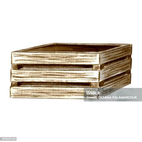 나무 상자 갈색 3 개의 널빤지 저장 용기 수채화 그림 템플릿입니다 디자인 카드 장식 포장 및 섬유 스티커 제작 자수에 대한 손으로 그린 고립 된 그림 나무 상자에 대한