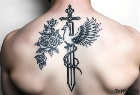 Cross Sword Darkened In With Roses Pearls And A Phoenix Rising From The