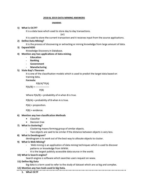 2018 And 2019 Data Mining Answers Pdf Cluster Analysis Data Mining