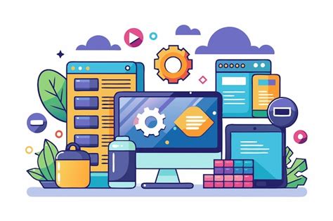 A Vibrant Layout Showcases Various Digital Devices With Programming Tools Settings And Icons