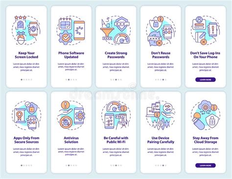 prevent smartphone hacking tips onboarding mobile app screen set stock