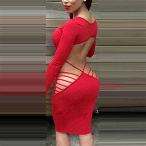 Sexy Hollow Out Backless Long Sleeve Solid Color Party Dress