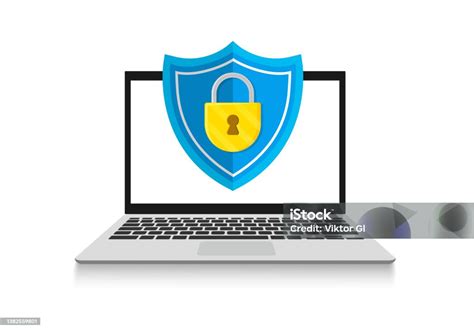 랩톱의 개념 데이터 보호 컴퓨터에 잠금이 있는 쉴드 인터넷 보안 기밀 데이터 랩톱을 보호합니다 벡터 일러스트레이션 0명에 대한