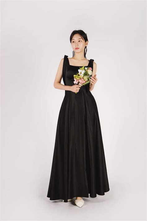 미즈밋 어깨리본 블랙 셀프웨딩 원피스 브라이덜샤워 스냅촬영 새틴 2부 드레스 Xs 3xl