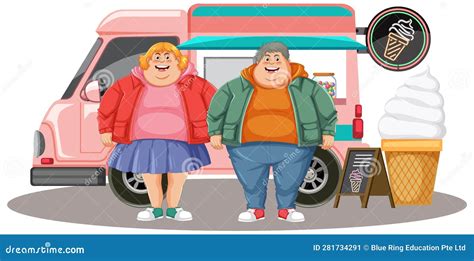 Overweight Couple In Front Of Ice Cream Food Truck Stock Vector