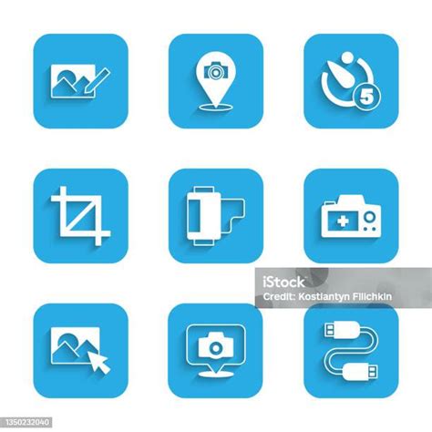 카메라 롤 카트리지 사진 카메라 Usb 케이블 코드 리터치 픽처 크롭 사진 타이머 및 아이콘을 설정합니다 벡터 Usb 케이블에 대한 스톡 벡터 아트 및 기타 이미지 Istock