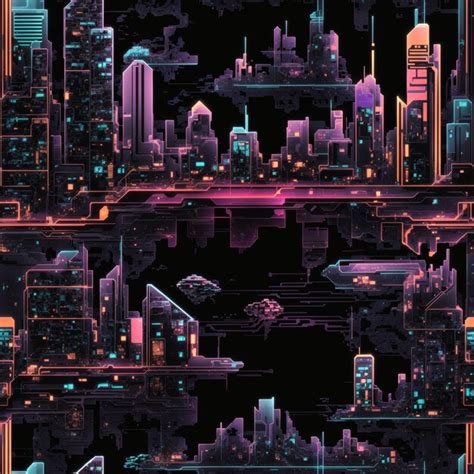 Premium Ai Image Abstract Cyberpunk City Skyline Background Seamless Pattern Colorful