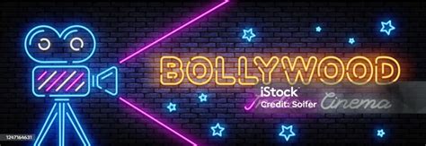 볼리우드 인도 영화 네온 기호 벡터입니다 영화 네온 배너 디자인 템플릿 현대 트렌드 디자인 야간 간판 야간 밝은 광고 조명 배너 빛 예술 벡터 일러스트레이션 발리우드에 대한