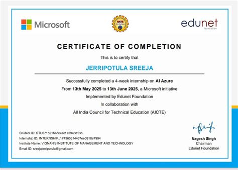 Completed Ai Azure Internship With Edunet Foundation And Microsoft Jerripotula Sreeja Posted