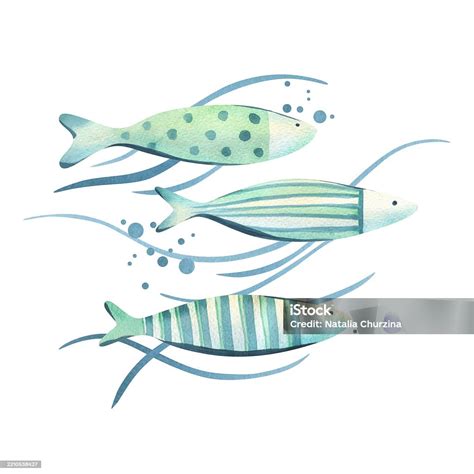 물고기는 파란색과 청록색이며 거품이 있는 물결 모양의 선으로 단순합니다 바다 수중 낚시를 주제로 손으로 그린 수채화 그림 배경에서 격리된 배열 승화 곡선에 대한 스톡 벡터