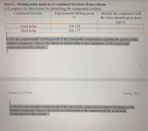 solved part c melting point analysis of combined fractions