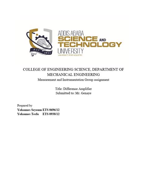 Measurement Assignment Difference Amplifier Pdf Amplifier Operational Amplifier