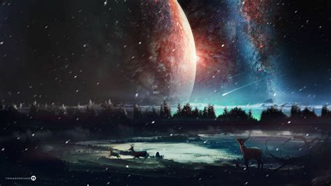 Artwork Fantasy Art Digital Art Snow Stars Sky Desktopography Space Deer Elk Horns Forest Planet