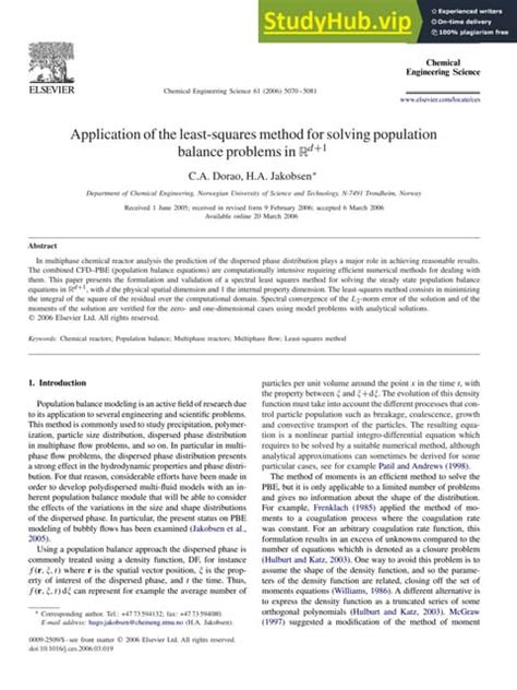 Application Of The Least Squares Method For Solving Population Balance Problems In Pdf