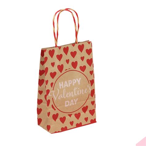 Brown Kraft Paper Bag With Twisted Handle Printed Red Heart Happy