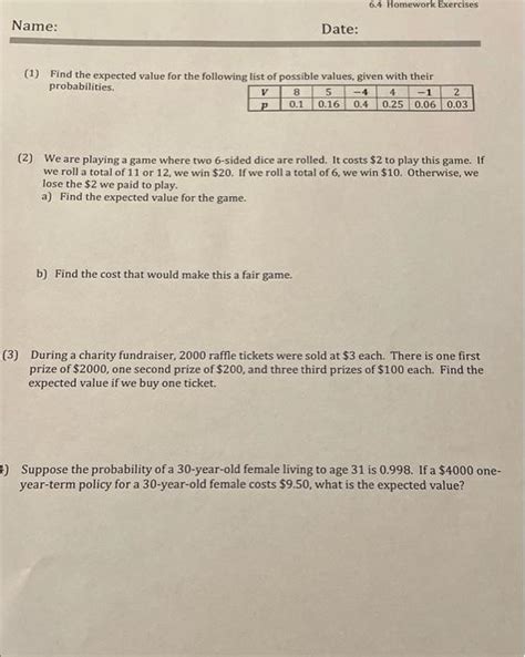 solved 1 find the expected value for the following list of