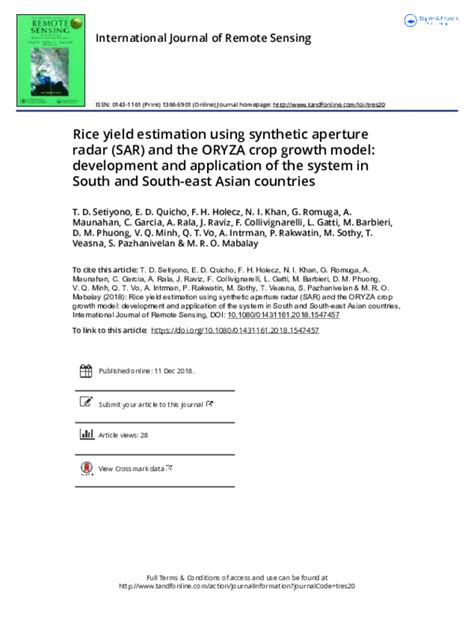 Pdf Rice Yield Estimation Using Synthetic Aperture Radar Sar And The Oryza Crop Growth Model