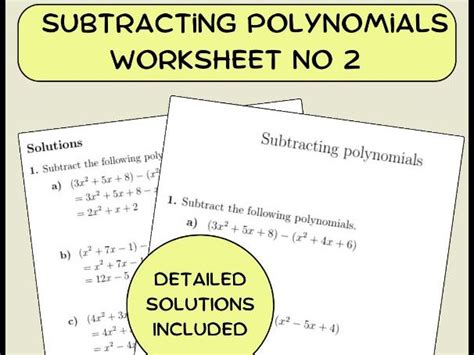 Subtracting Polynomials Worksheet No 2 With Solutions Teaching