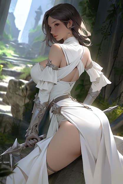 Premium Photo A Girl In A White Dress With A Sword In The Back