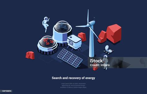 어두운 배경에 에너지 쓰기의 검색 및 복구와 우주 개념 벡터 일러스트 만화 스타일의 3d 구성 두 우주 비행사 는 전원 공급의