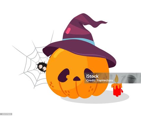 Halloween 와 주황색 호박 에서 마녀 모자 와 거미 그물 벡터 일러스트 10월에 대한 스톡 벡터 아트 및 기타 이미지 Istock
