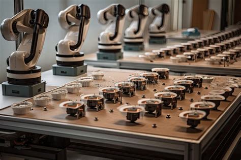 Assembly Line Of Cobots Each Performing Precise Task In Sequence Stock