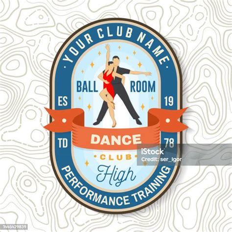 볼룸 댄스 스포츠 클럽 배지 로고 패치 셔츠 또는 로고 인쇄 스탬프 또는 티에 대한 개념입니다 춤추는 남자와 여자 실루엣이 있는 댄스스포츠 스티커 벡터 그림입니다 볼륨댄스에