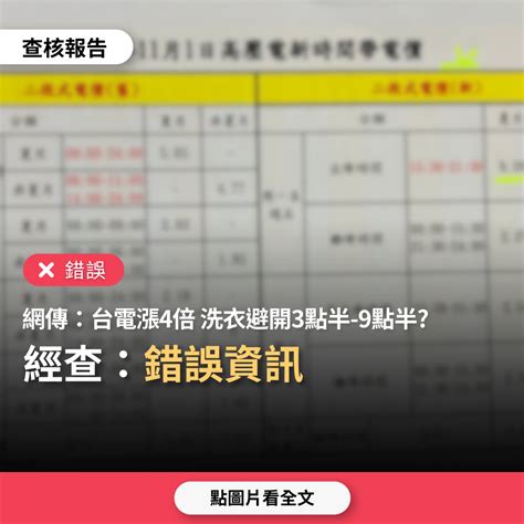 【錯誤】網傳「台電新的電價調整政策，變相漲價，近4倍之多，以後洗衣服吹冷氣要盡量避開下午330到晚上930」？ 看見真實，才能打造美好台灣