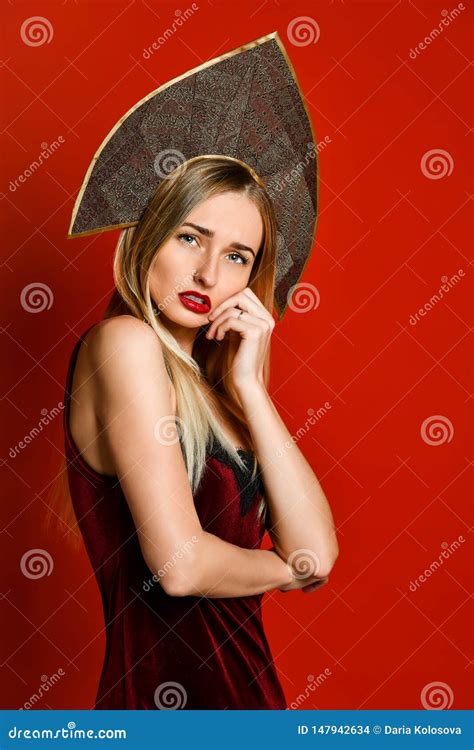 Beautiful Blonde Russian Girl In Traditional Kokoshnik Hat Velvet