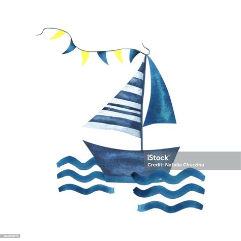 범선에는 파도를 따라 떠 다니는 파란색과 노란색 깃발의 화환이 줄무늬가 있습니다 수채화 그림은 어린이 스타일로 손으로 그렸습니다 흰색 배경에 고립된 구성입니다 항해 선박에