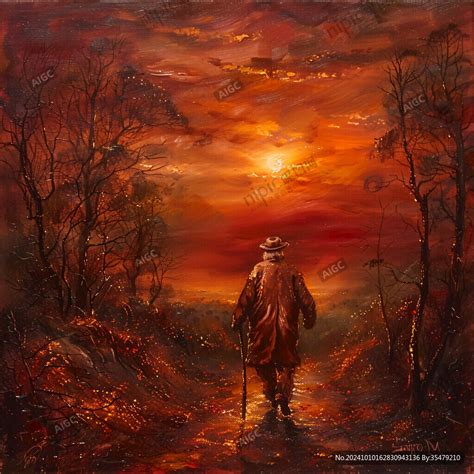 Ai创作图秋天黄昏背影 荒野黄昏插画 电影插画原画海报 电影原画插画 电影原画插画海报 数字油画插画 意境风景画插画中堂画 意境怀旧油画 夕阳下的独行者 树下的老人油画 数字油画插画设计 海报