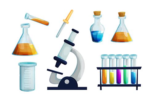 버너가 있는 유리 플라스크 액체 비커 흰색 배경에 고립된 만화 스타일의 유리 드롭퍼 화학 연구가 있는 실험실 세트 연금술 연구