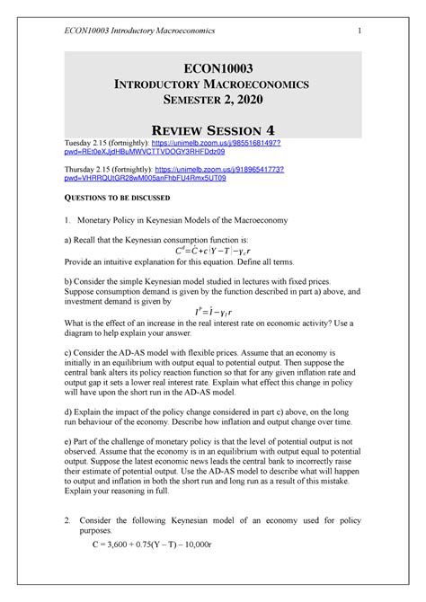 Review Session 4 ECON10003 Introductory Macroeconomics ECON INTRODUCTORY MACROECONOMICS